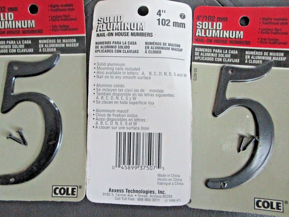 VTG(1998) 3-Lot Black Aluminum House Number 7,5 & 5 Cole Brand Nail On ...
