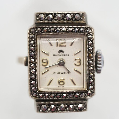 Vintage Bucherer 800 Silver Marcasite Ladies Elegant Ring Watch Size 7 ...