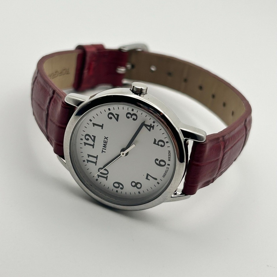 Timex Silver Tone Red Leather Band Indiglo Women’s Watch Working New ...