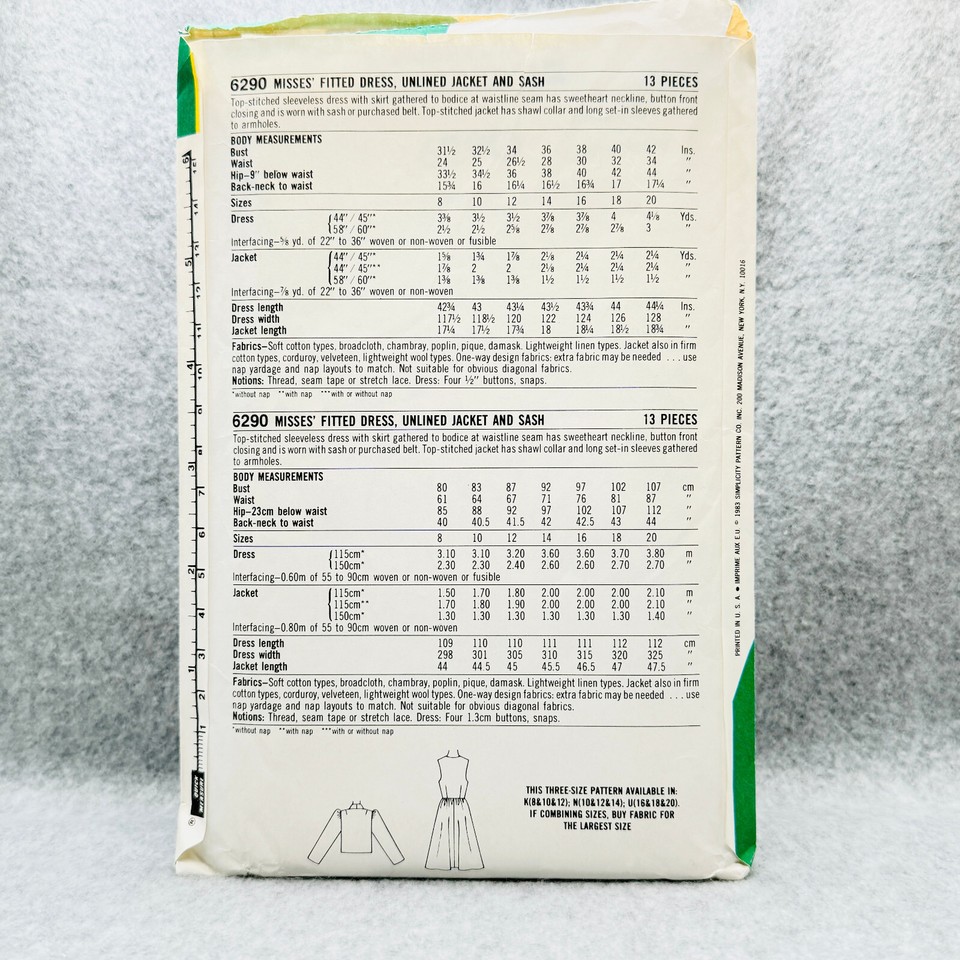 Simplicity 6290 Sleeveless Dress w Sash and Unlined Jacket Misses 16 20 ...