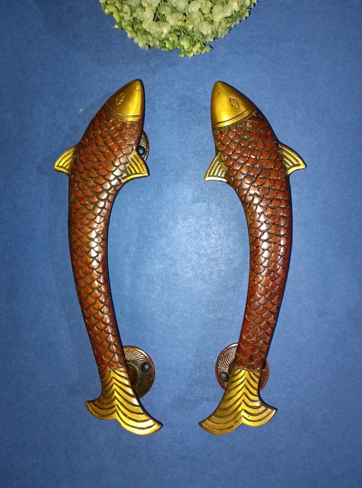 11.5'' Inches Brass Piranha Door Handle Pair Fish Shape Pull Round Base ...