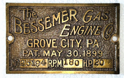 Original Brass Tag Name Plate for 20HP BESSEMER Oilfield Gas Engine Hit ...