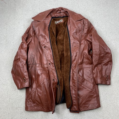 Vintage Leather Shop Collection Coat Mens Large Brown Warm Lined Retro ...