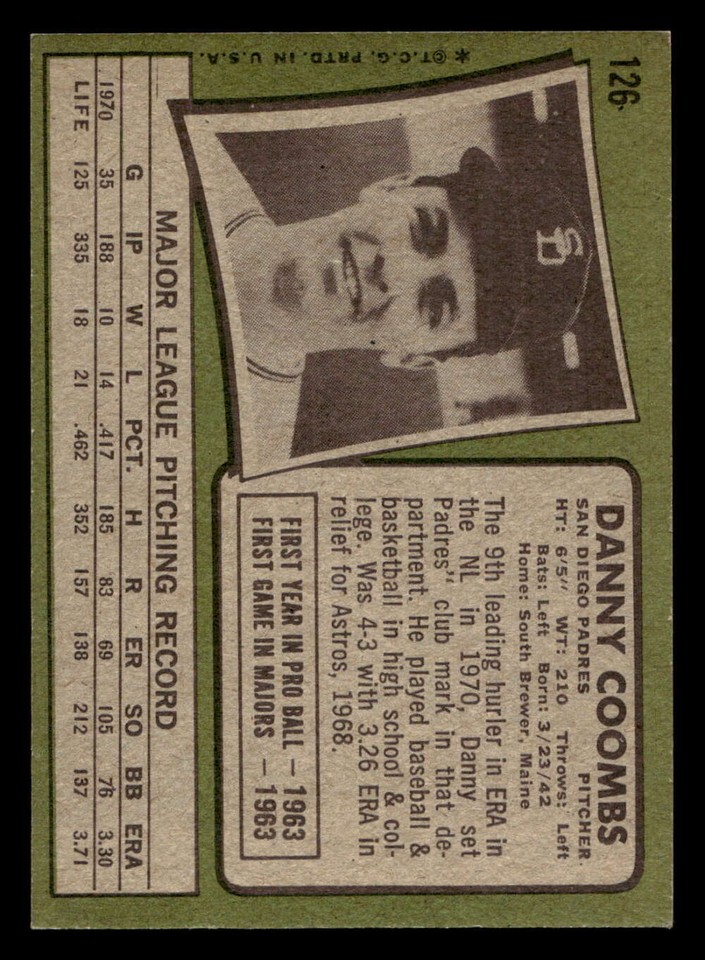 1971 Topps #126 Danny Coombs Ex-Mint Padres | eBay