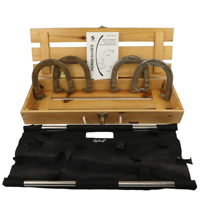 Sportcraft Horseshoes Pitching Set Wooden Crate Stakes Metal Steel Game ...