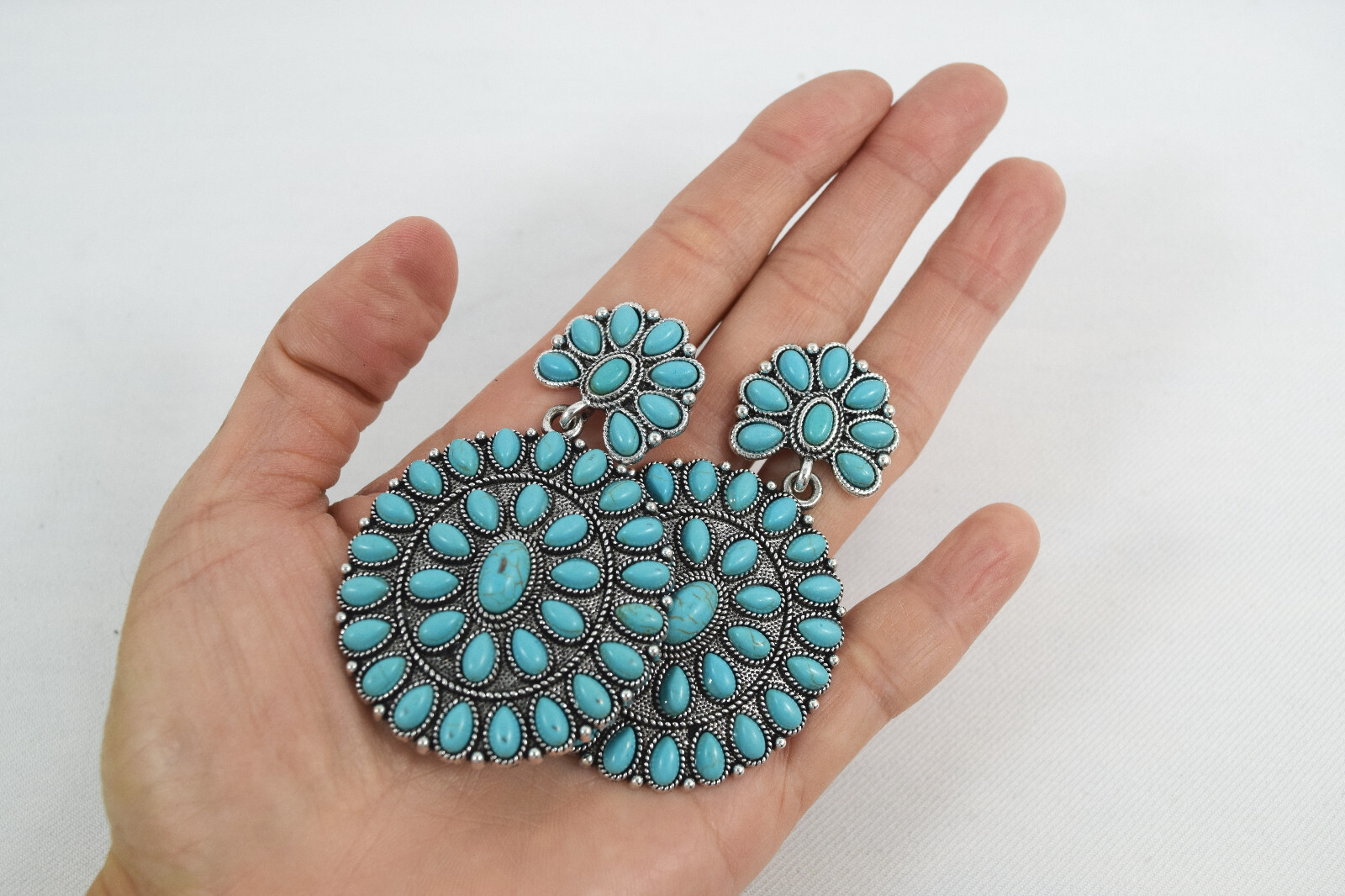 Western Concho Oversized Squash Blossom Dangle Earrings, Large Concho ...