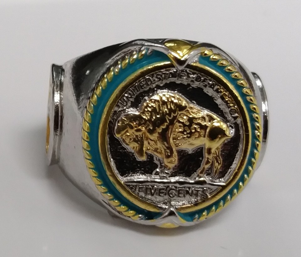 Buffalo Nickel Silver Gold Coin Ring Wild West Animal Cowboys Indians ...