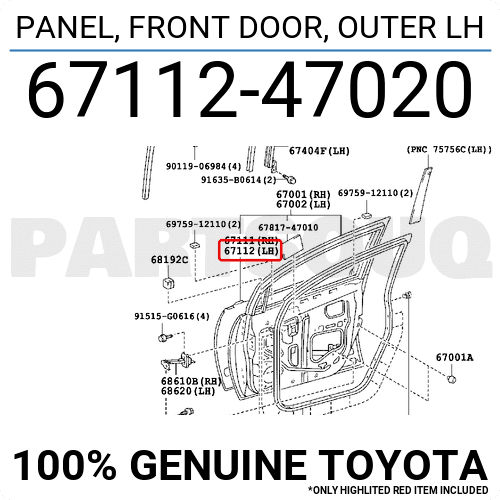 6711247020 Genuine Toyota PANEL, FRONT DOOR, OUTER LH 67112-47020 | eBay