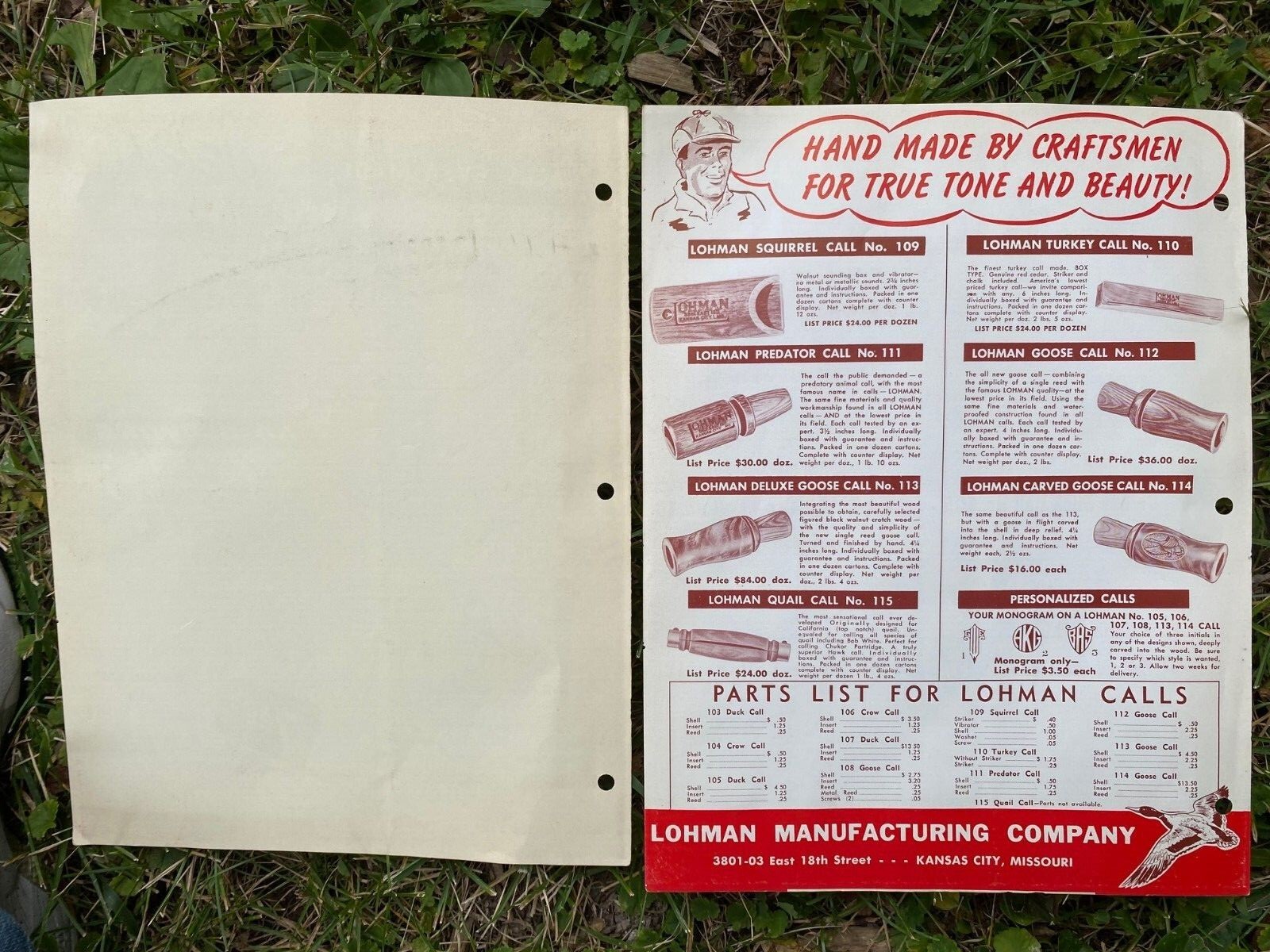 RARE Vintage Hunting Scotch Duck Call & Lohman Bird Game Calls Flyers ...