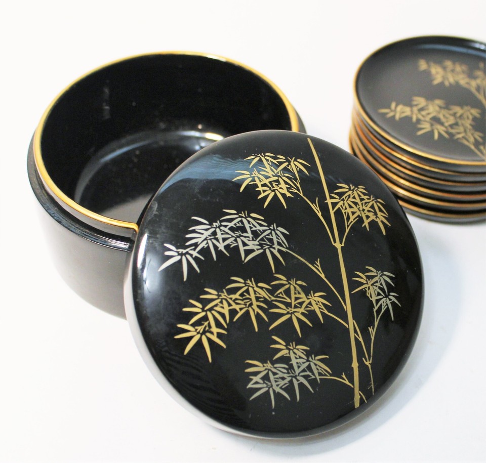 Vintage Coaster Box Set Black Lacquer Gold Bamboo Japan | eBay