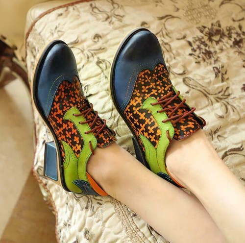 Womens Fashion Vintage Round Toe Lace Up Oxford Shoes Collegiate Block ...
