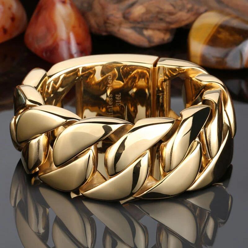 24mm/32mm Heavy Men's Gold Tone Stainless Steel Curb Cuban Link Chain ...