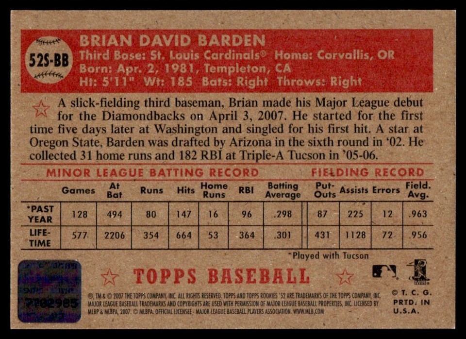 2007 Topps Rookie 1952 Edition Signatures Brian Barden Auto St. Louis ...