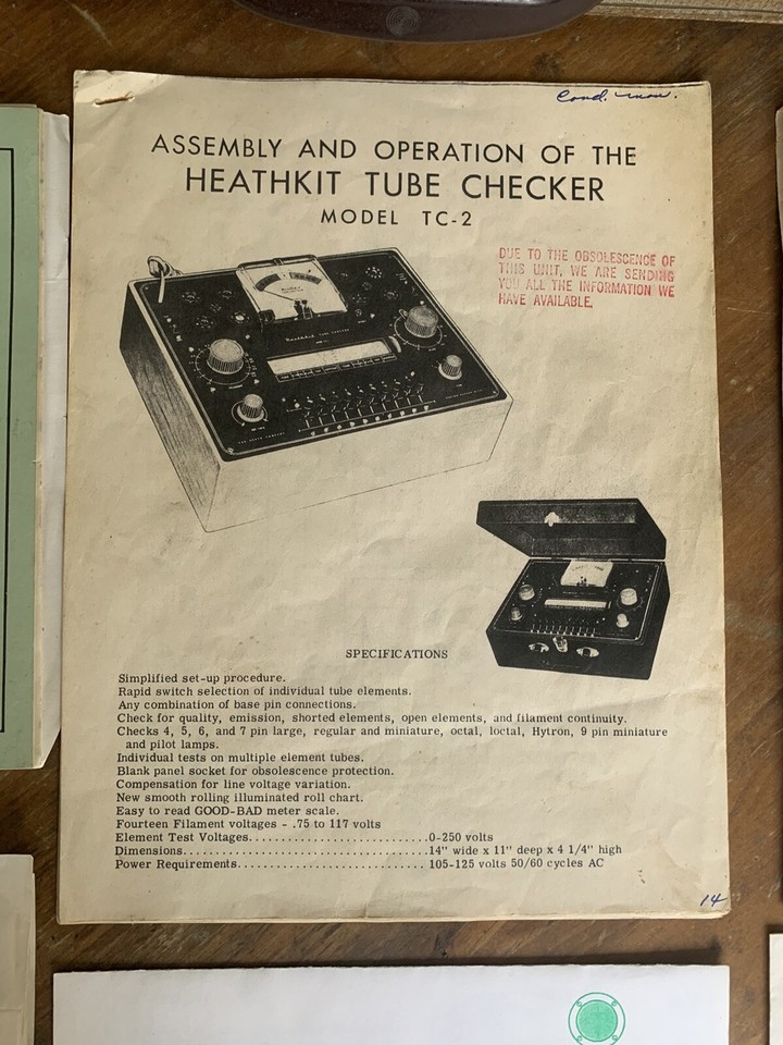 VINTAGE HEATHKIT TC-2 PORTABLE TUBE TESTER.POWERS UP,W/MANUAL,LOTS OF ...