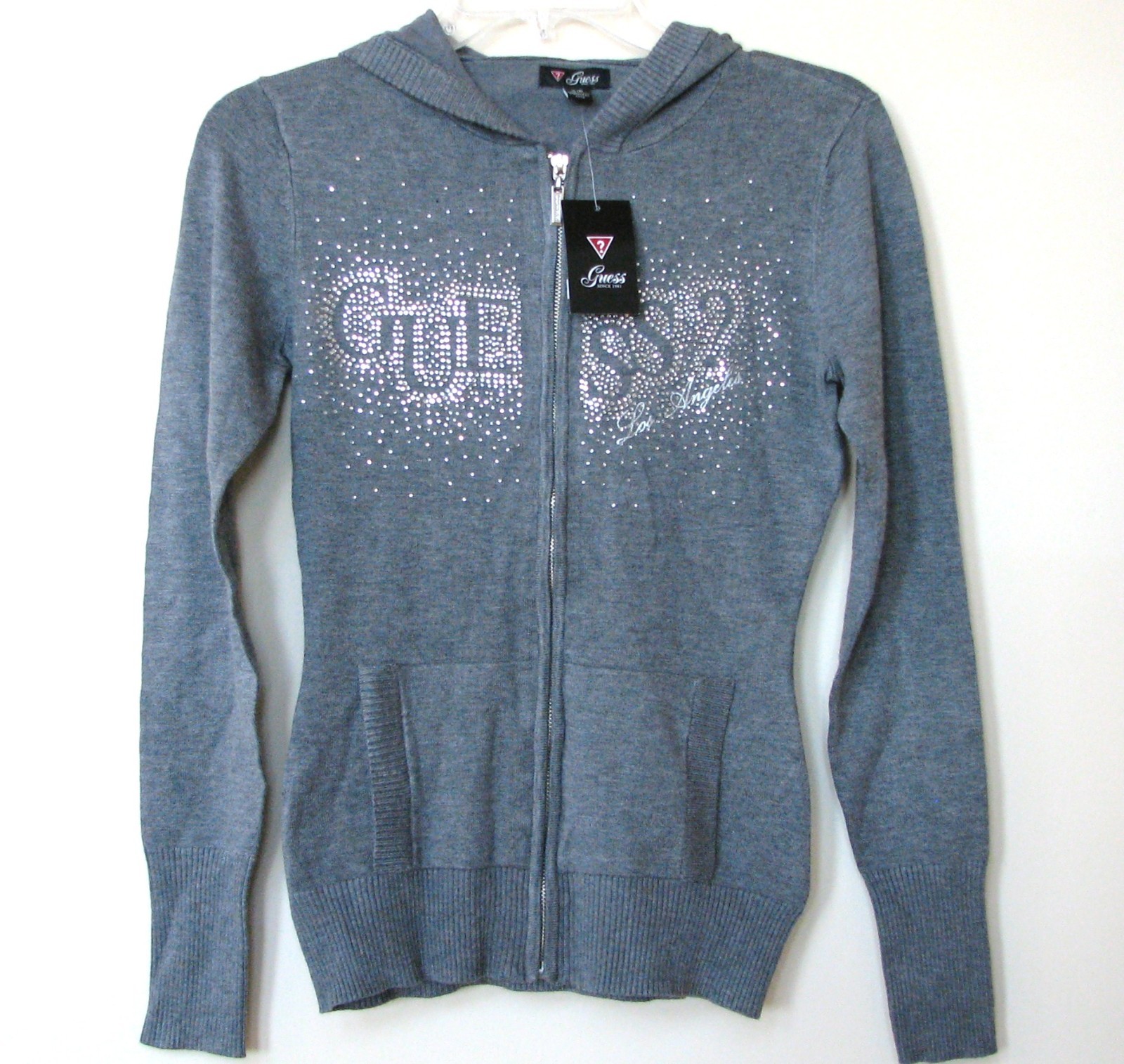 NEW GUESS GREEN+WHITE+MAGENTA+GREY,GRAY CRYSTAL RHINESTONE ZIP UP ...