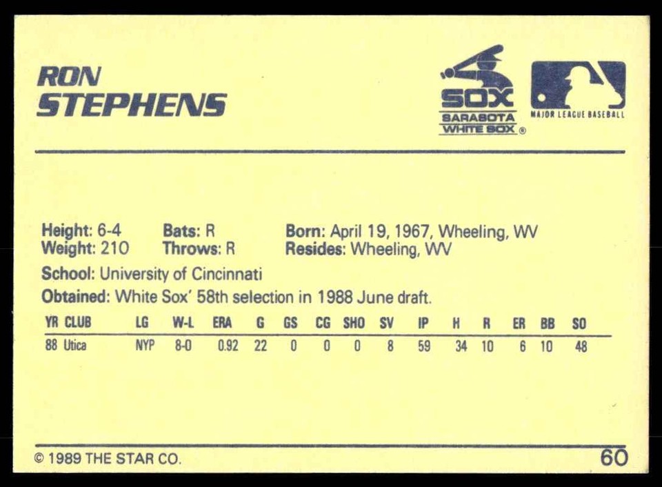 1989 Star Ron Stephens Sarasota White Sox #60 | eBay