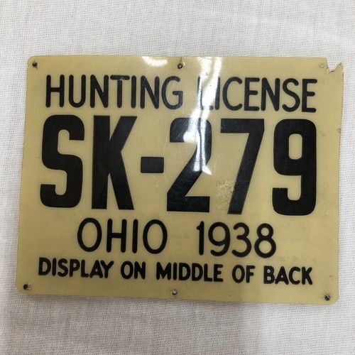 Vintage 1938 Rare Celluloid Ohio Hunting License Plate Tag Display on ...