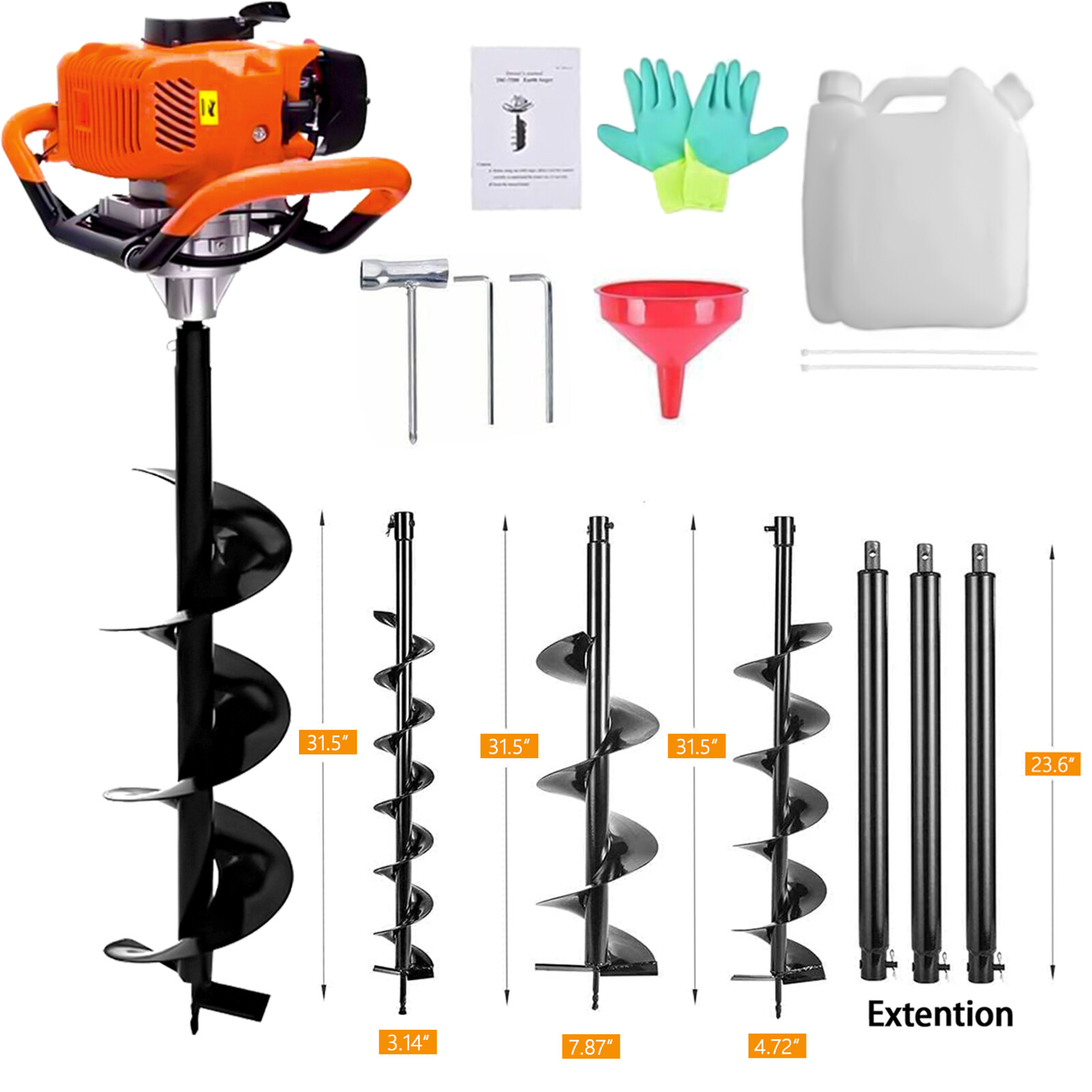 62CC Gas Powered 2100W Post Hole Digger W/ 3 Earth Auger +3 Rods ...