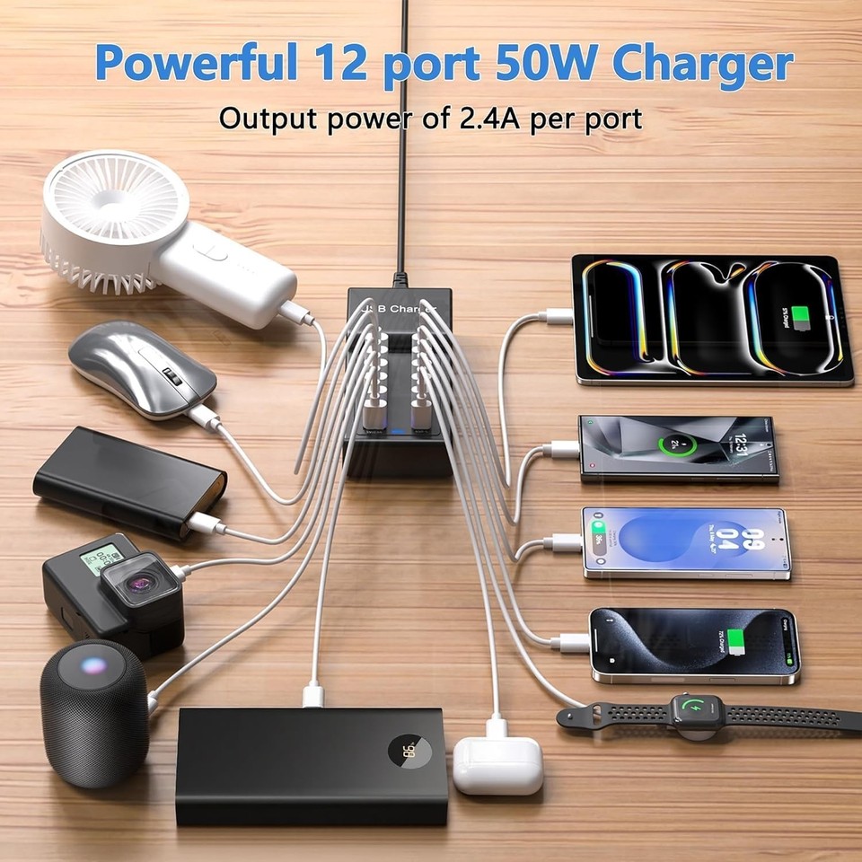 Multi USB Charger USB C Charging Station Block 50W 12 Ports Multiple ...