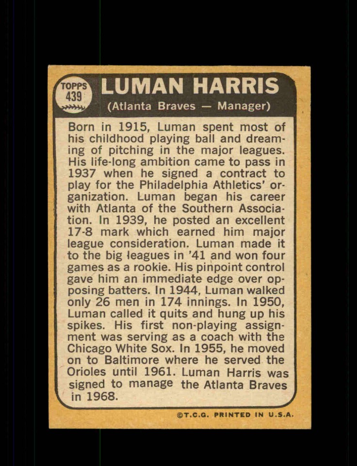 1968 LUMAN HARRIS TOPPS #439 BRAVES *0136 | eBay