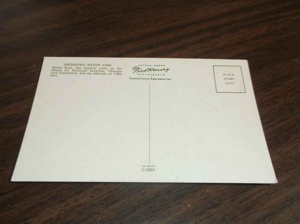 1950's FRED HARVEY ATSF SANTA FE PASSENGER TRAIN RATON PASS UNUSED POST ...