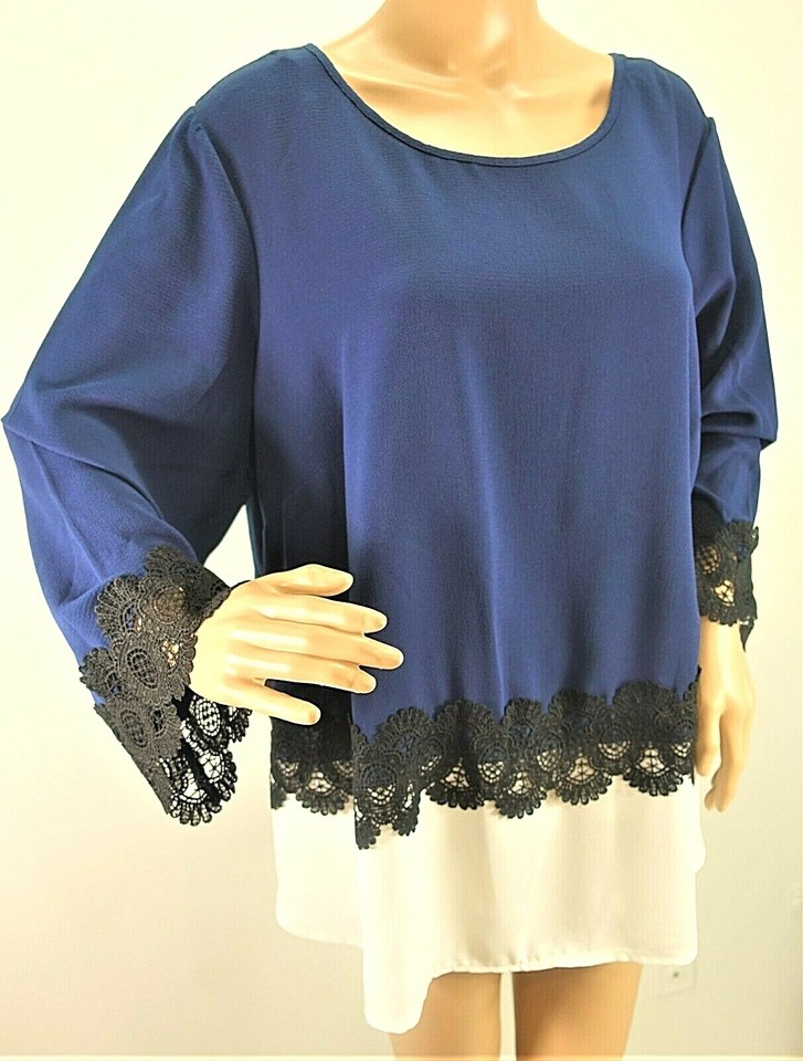 Unique Spectrum Women Plus Size 1x 2x 3x Navy Blue White Top Blouse ...