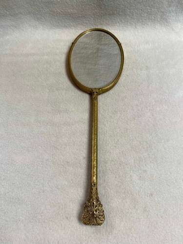 Vintage Long Handled Oval Shaped Gold Hand Mirror with Leaf Design | eBay