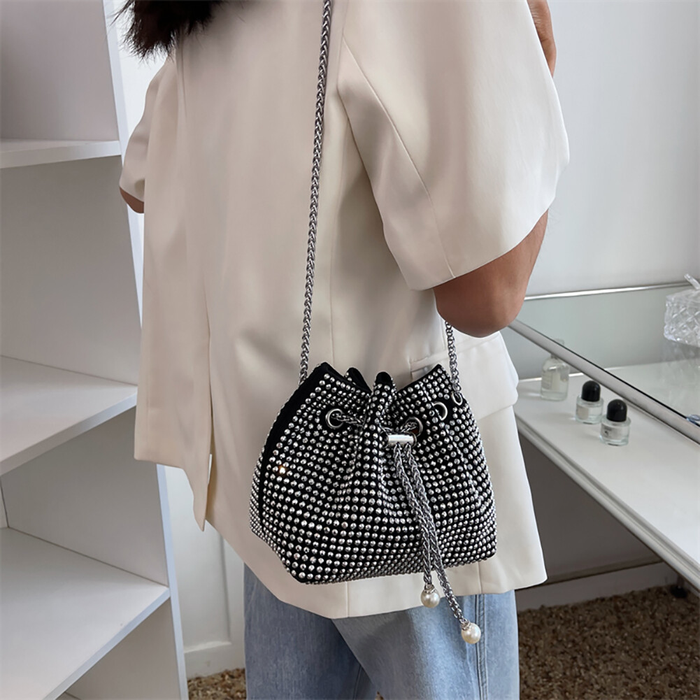 Women Chain Crossbody Bag Drawstring Shinny Rhinestone Female Dating ...
