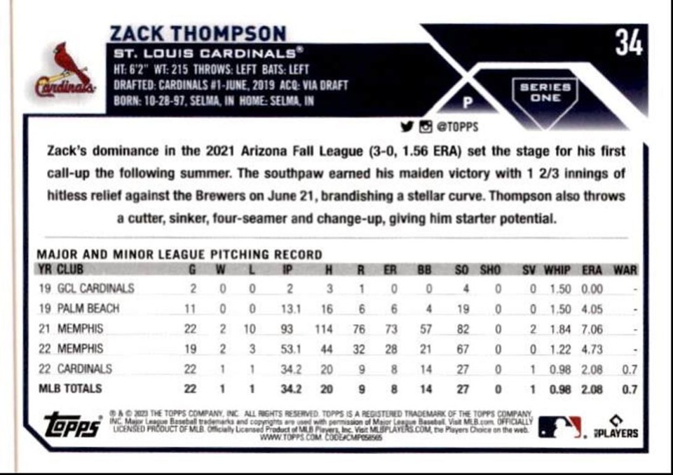 2023 Topps Baseball Cards Zack Thompson Rookie St. Louis Cardinals #34 ...