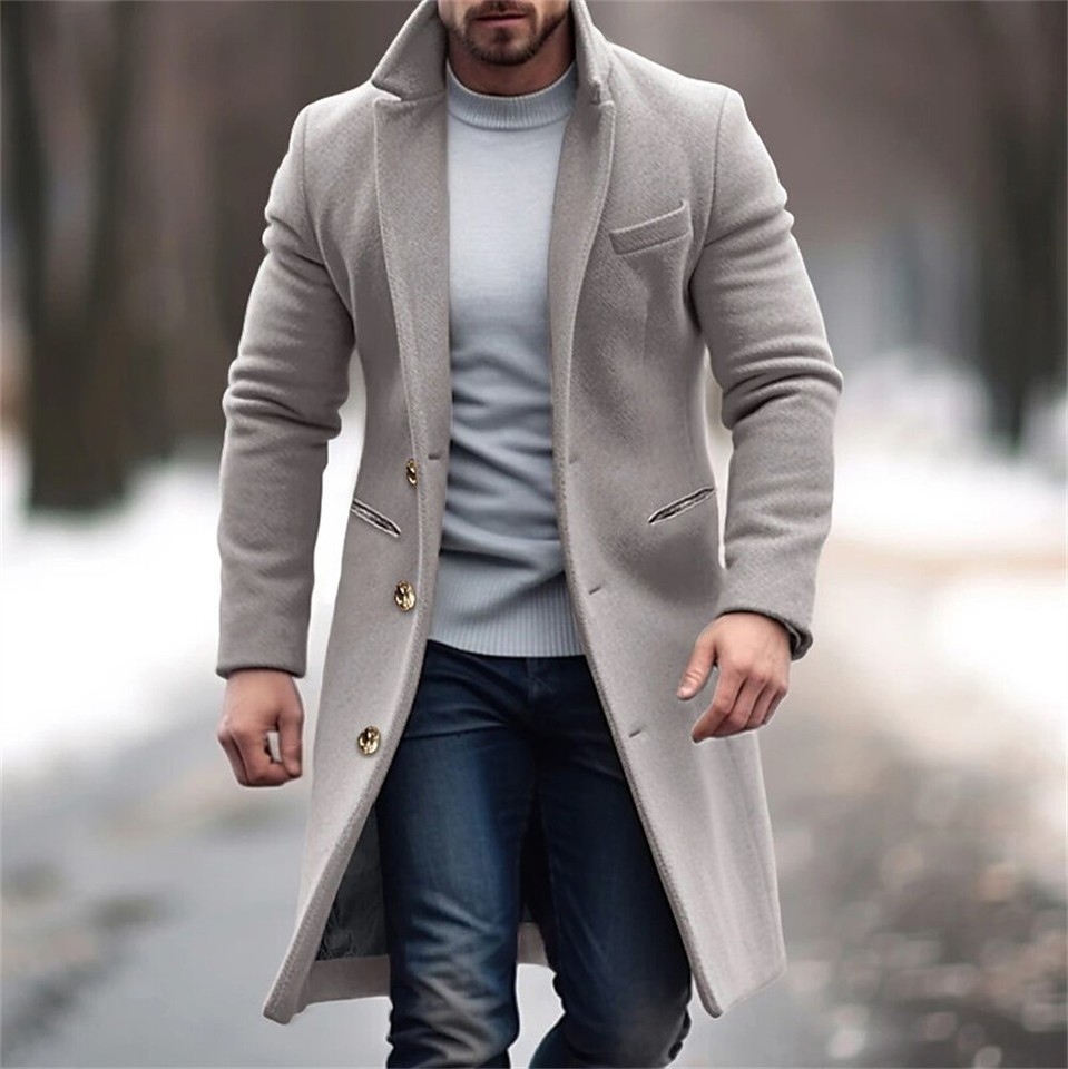 Wool Blend Trench Coat Men's Winter Warm Slim Fit Single Breasted Long ...