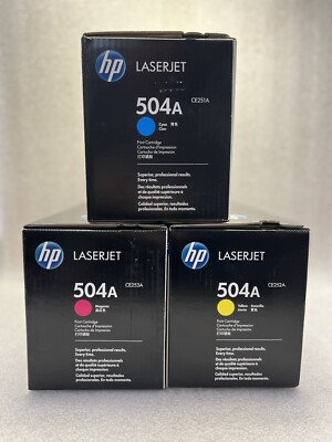 Set of 3 Genuine HP LaserJet 504A Cartridges CE251A CE252A CE253A NEW ...