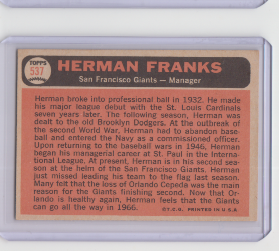 1966 Topps #537 Herman Franks GIANTS MGR High # NM | eBay