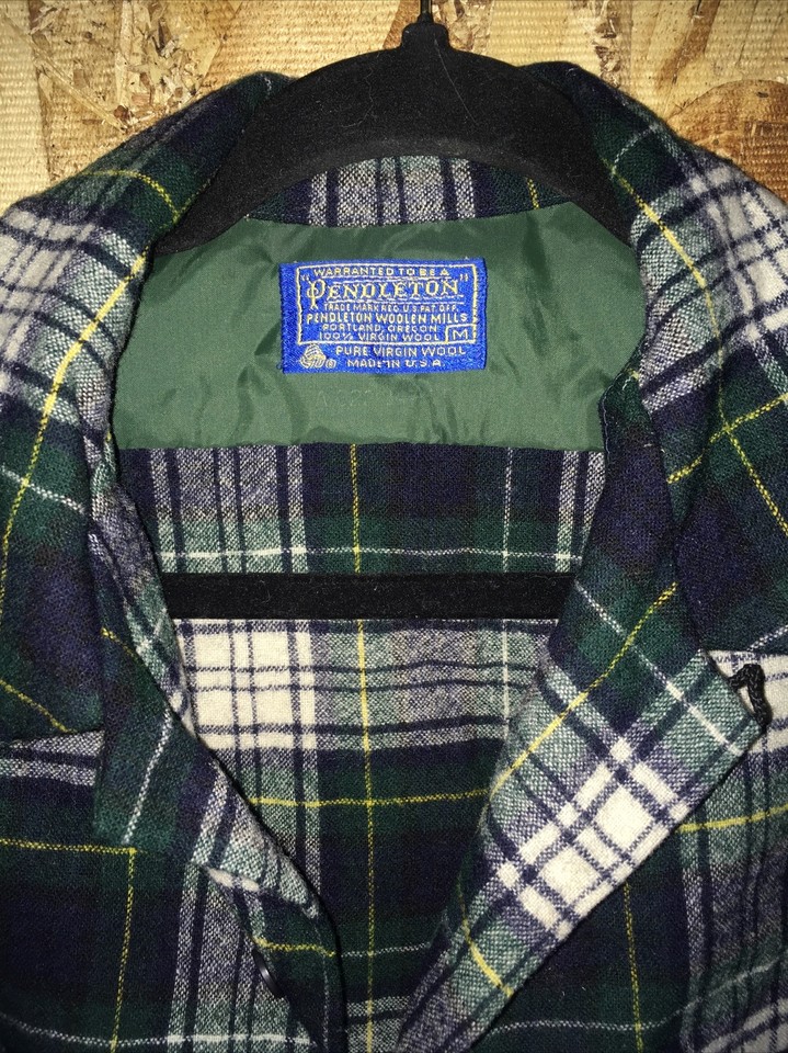 Vtg 70s Pendleton Wool Plaid Shirt Mens M Blue Green White Yellow | eBay