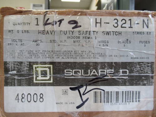 Square D H321N, Series E, 30 Amp, 240 Volt, 3PH 4W, Fusible Disconnect ...