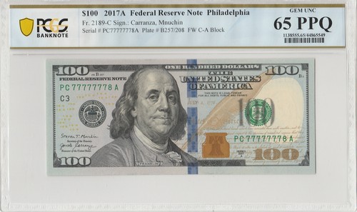 2013 $100 Federal Reserve Note 65 PPQ FANCY SERIAL NUMBER NOTE 77777778 ...