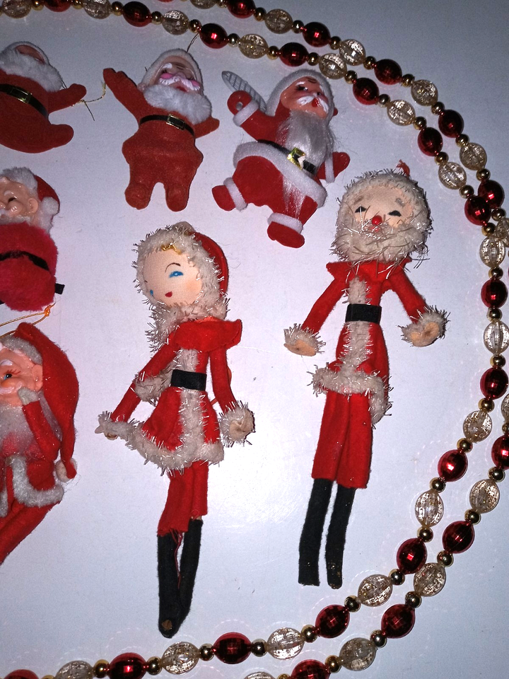 10 Vintage Santa Claus Christmas Ornaments,Beads,Pipe Cleaner,Flocked ...