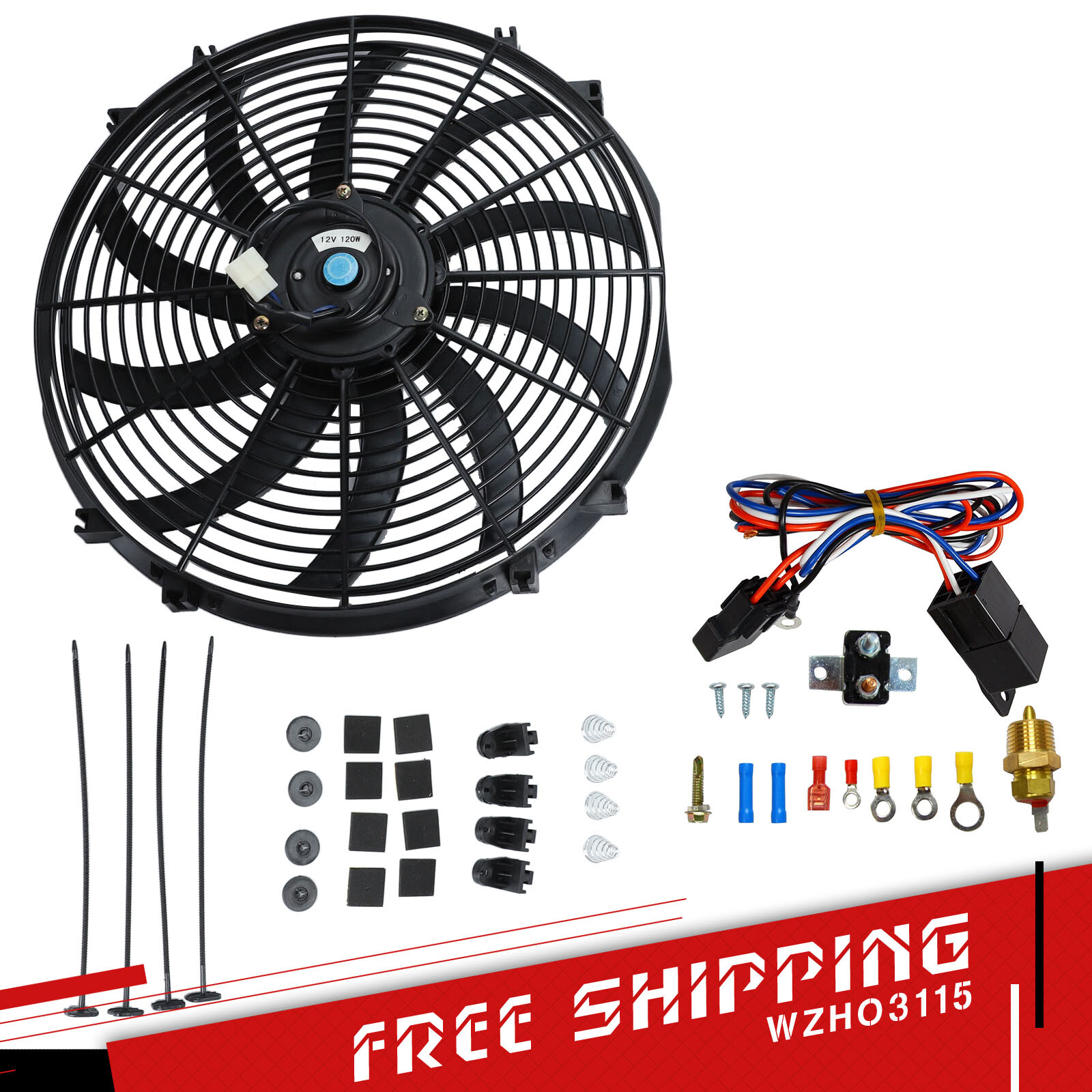 16" INCH 3000+CFM Black Electric Radiator Fan Thermostat Wiring Switch ...