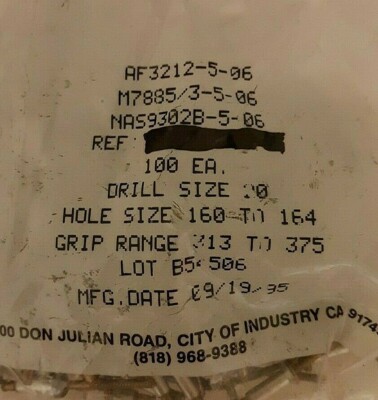 AF3212-5-6 rivets M7885/3-5-06 ALLFAST drill size 20 lot of (100) pcs ...