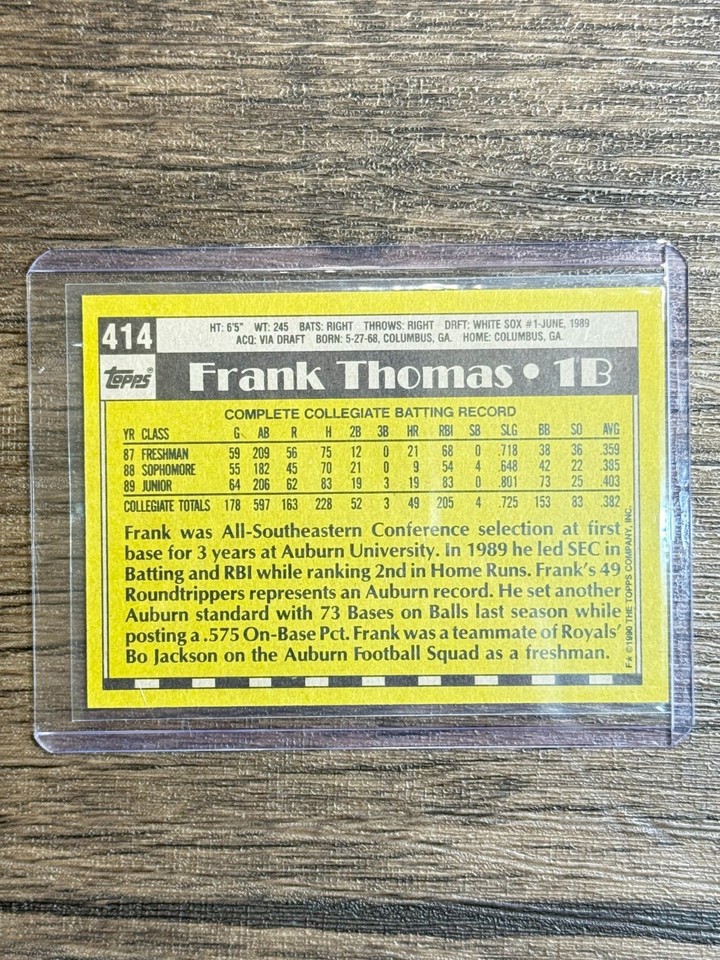 1990 Topps FRANK THOMAS ROOKIE CARD #414 RC Chicago White Sox "The Big ...