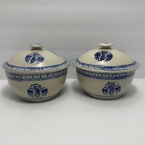 Vintage Crane Lidded Crock Rice Bowl | Cobalt Blue | STLC2 | Set of 2 ...