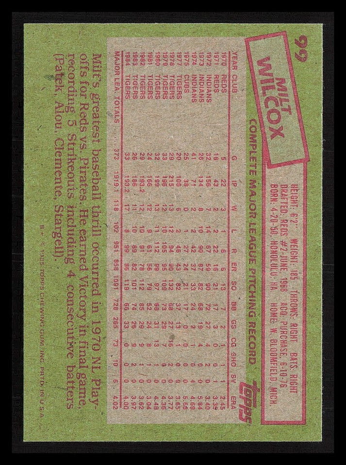 Milt Wilcox 1985 Topps #99 Detroit Tigers | eBay