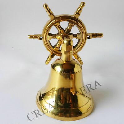 Antique Brass Door Bell 3'' Bell With Ship Wheel Bracket Wall Hanging ...