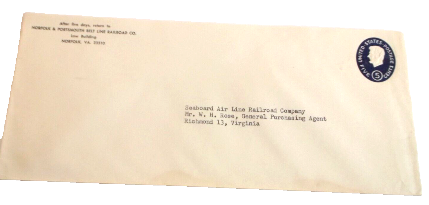 NORFOLK & PORTSMOUTH BELT LINE RAILROAD USED COMPANY ENVELOPE | eBay