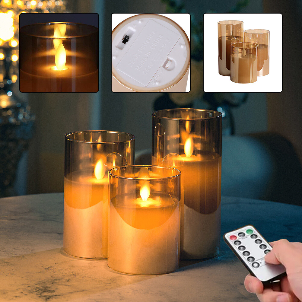 3 LED Candles Set With Remote Control Timer Flameless Flickering Glass ...