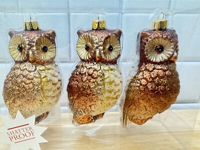 Three Brown Gold Glitter Owl Christmas Ornament Decorative Hoot Hoot ...