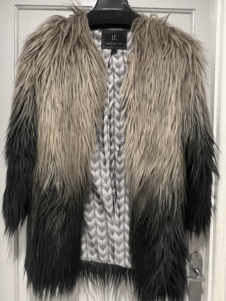 🔥UNREAL FUR🔥Grey/ Black Ombre Shaggy Mongolian Faux Fur COAT S | eBay UK