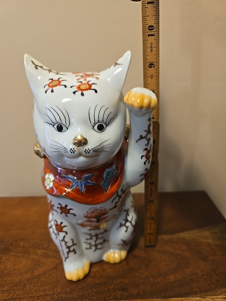 Vintage Imari Beckoning Cat Gilded Hand Painted Porcelain Figurine 9 ½ ...