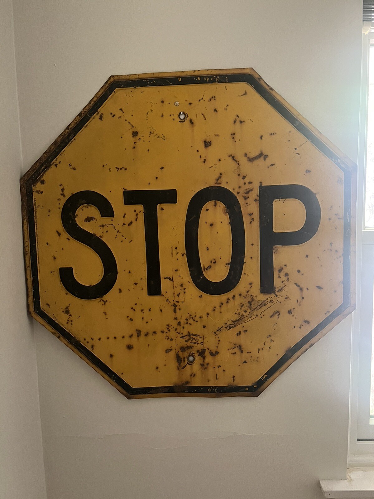 30” Stop Sign Black on Yellow Heavy Embossed Steel VTG | eBay
