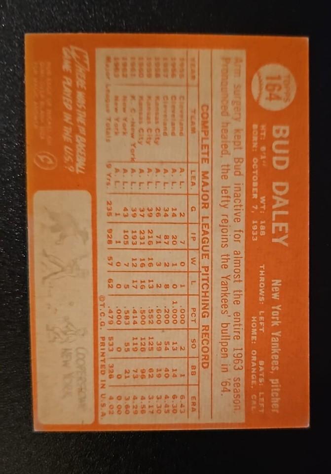 BUD DALEY autograph card 1964 Topps #164 signed New York Yankees auto ...