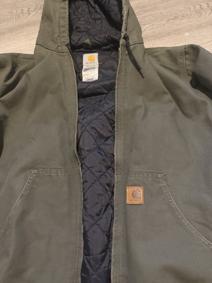 VTG Carhartt Jacket Mens Medium Green J25 MOS Hooded Zip Thermal Lined ...